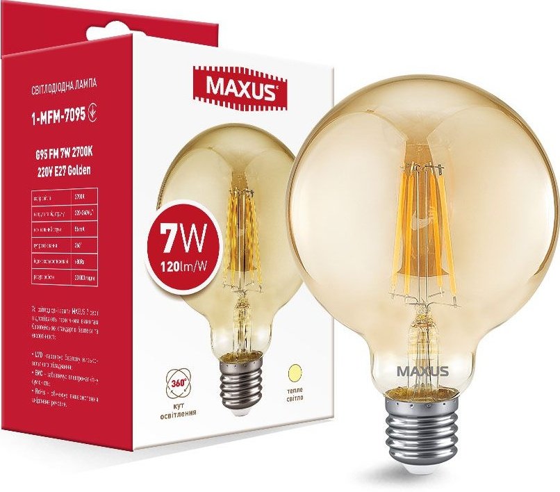 Лампа Maxus LED G95 FM 7W 2700K 220V E27 Golden (1-MFM-7095) купить ...
